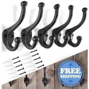 Rustic Cast Iron Coat Hooks (5 Pack) Wall Mounted Farmhouse Decorative ...