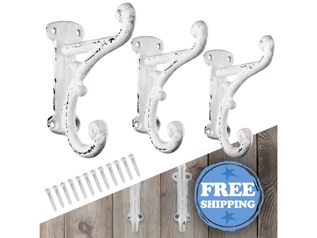 Rustic Cast Iron Coat Hooks (3 Pack) Wall Mounted Shabby Chic Farmhouse ...