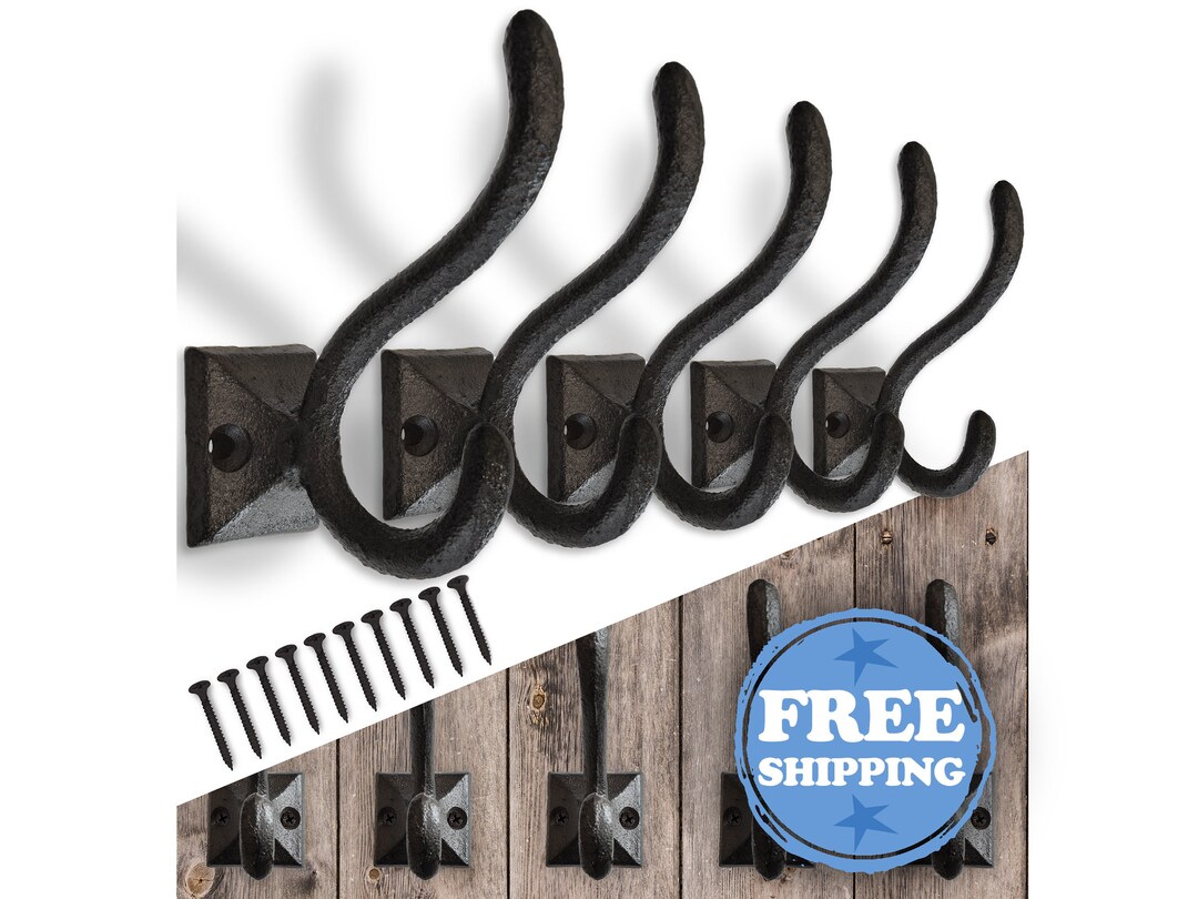 Rustic Cast Iron Coat Hooks (5 Pack) Wall Mounted Farmhouse Decor ...