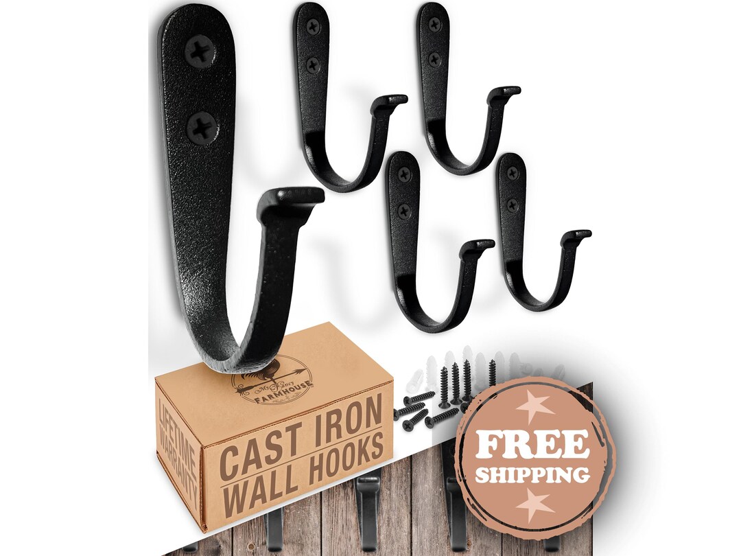 Cast Iron Wall Hooks (5 Pack) Handmade Wall Mounted J Hooks - Farmhouse ...