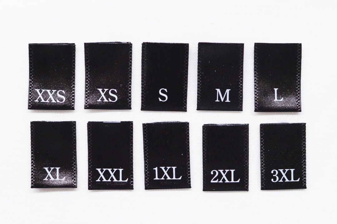 Printed Satin Size Tabs - Black Clothing Labels With White Letters ...