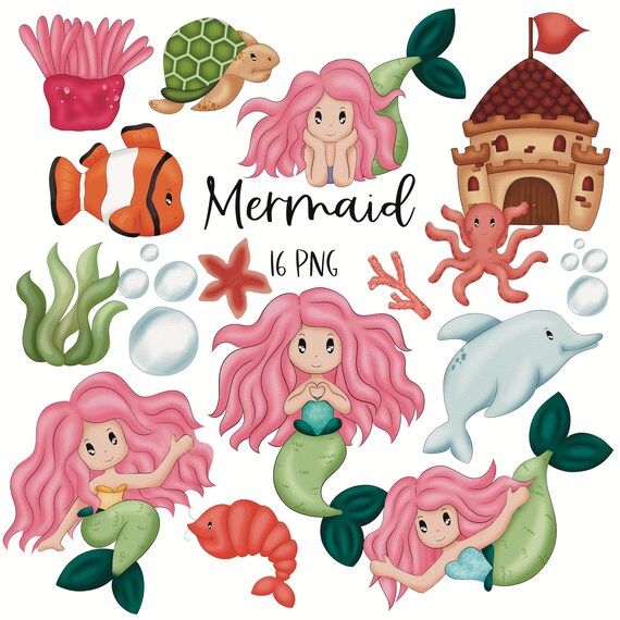 Mermaid Clipart Graphics Digital Illustration Doodle | Etsy
