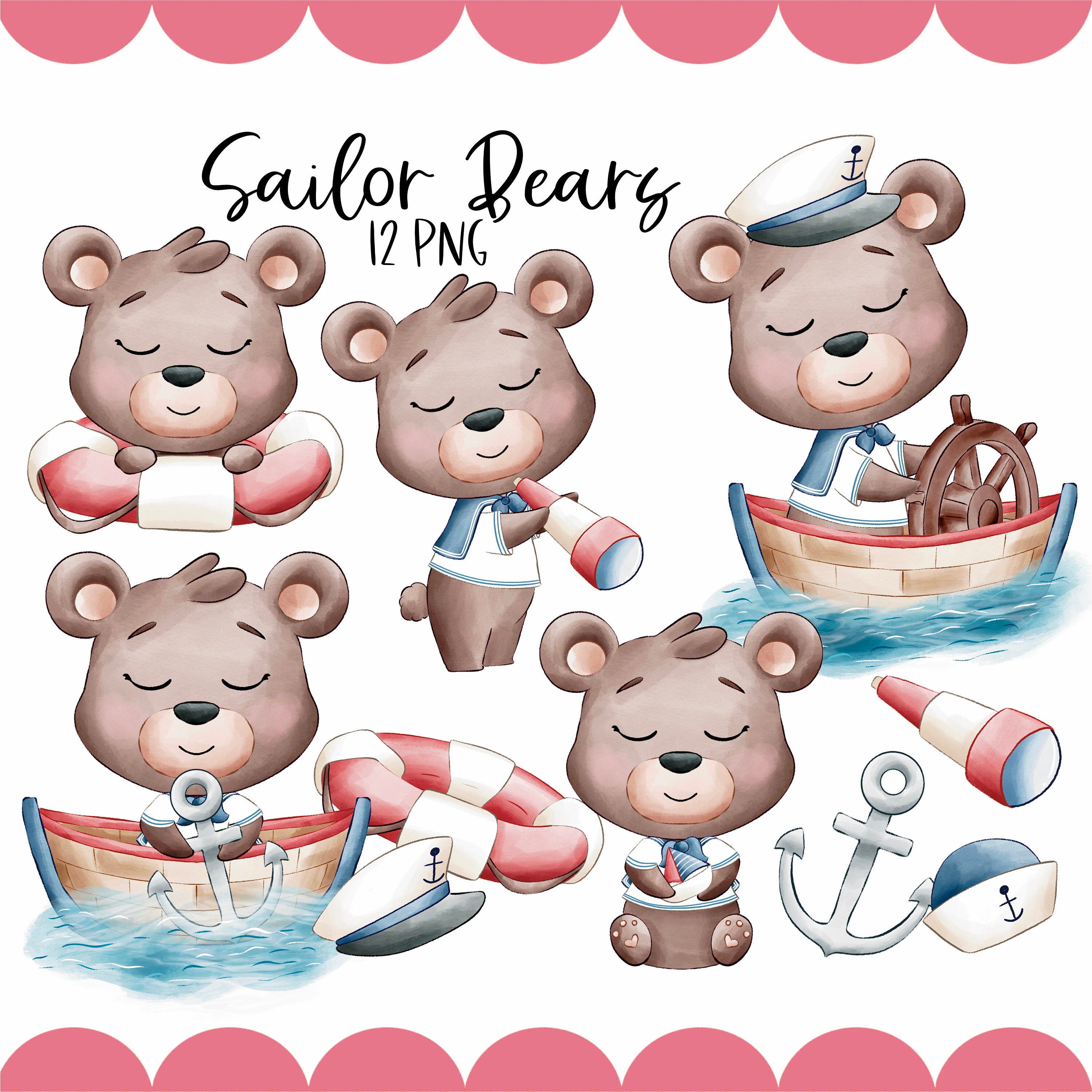 Sailor Bears 300dpi Clipart Nautical Watercolor Digital Illustration ...