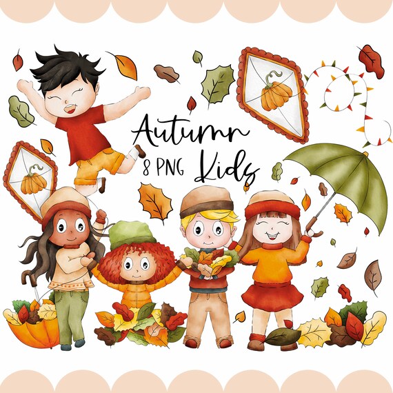 Autumn Kids Watercolor Clipart Graphics Digital Illustration - Etsy