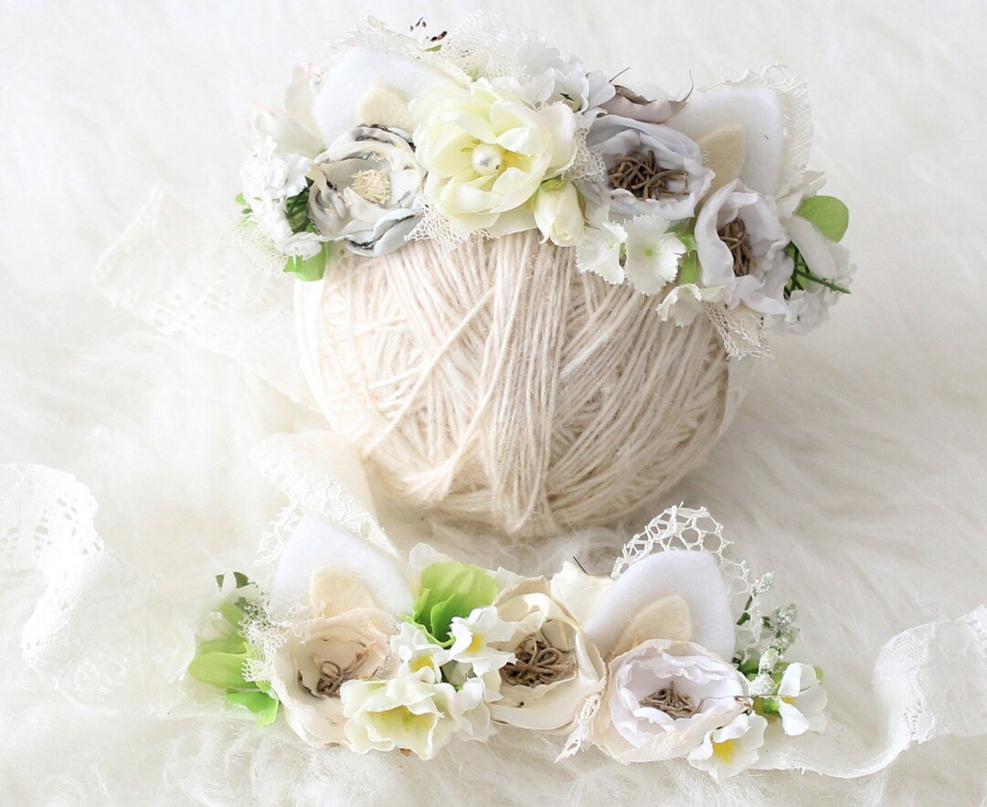 Floral Cat Ears Crown: Newborn Photo Prop, Lace Tieback - Etsy