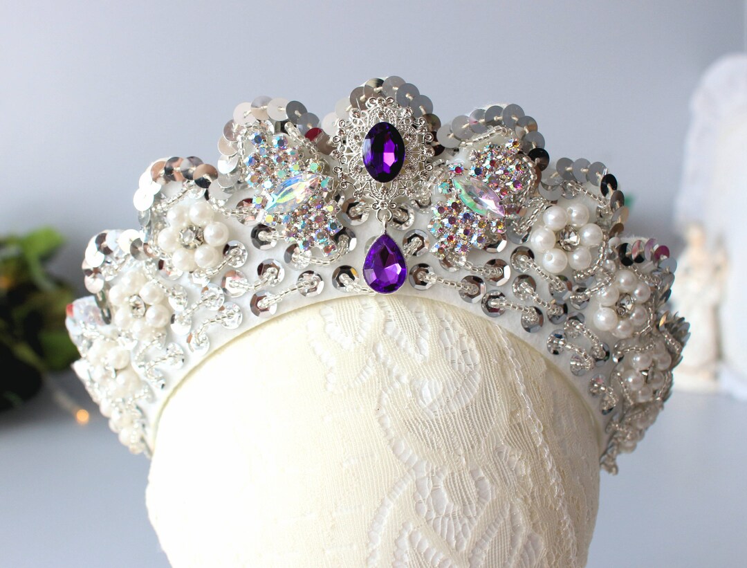 Fancy Silver Purple Tiara Crown, Sequin Pearls Rhinestones Headband ...