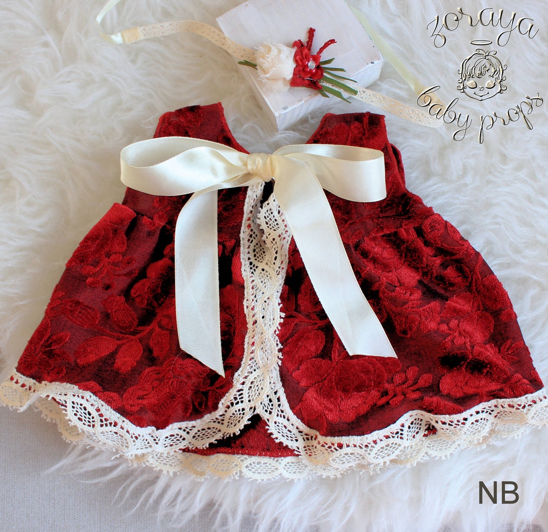 Red & Cream Dress, Baby Photography, Newborn Prop, Newborn Photography, Red Prop,baby Girl Props ...
