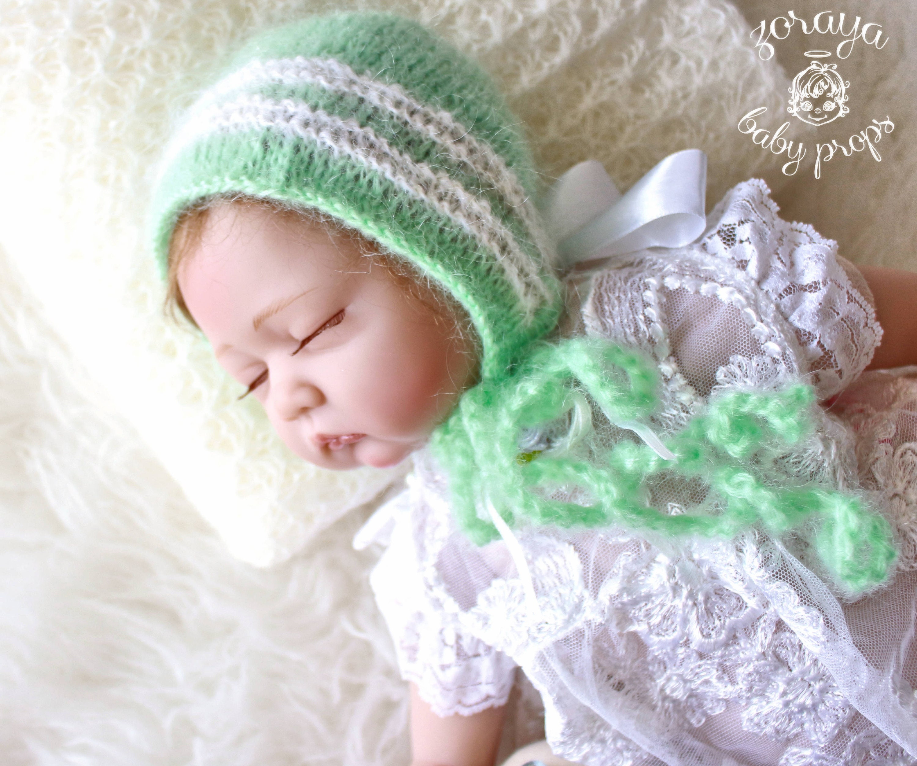 Newborn Bonnet Mint Green Bonnet Baby First Hats Mohair | Etsy