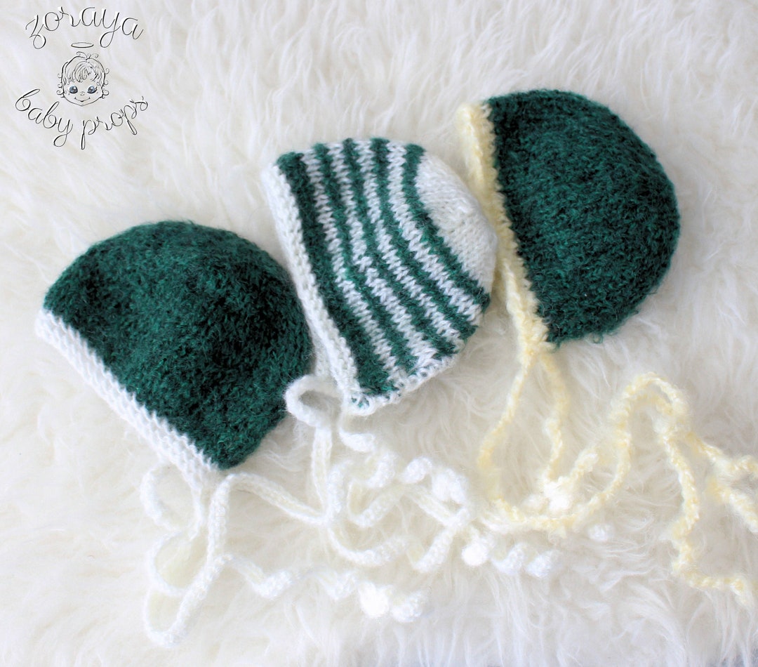 Mohair Newborn Bonnets: Forest Green Knitted Baby Hats, Photo Prop - Etsy