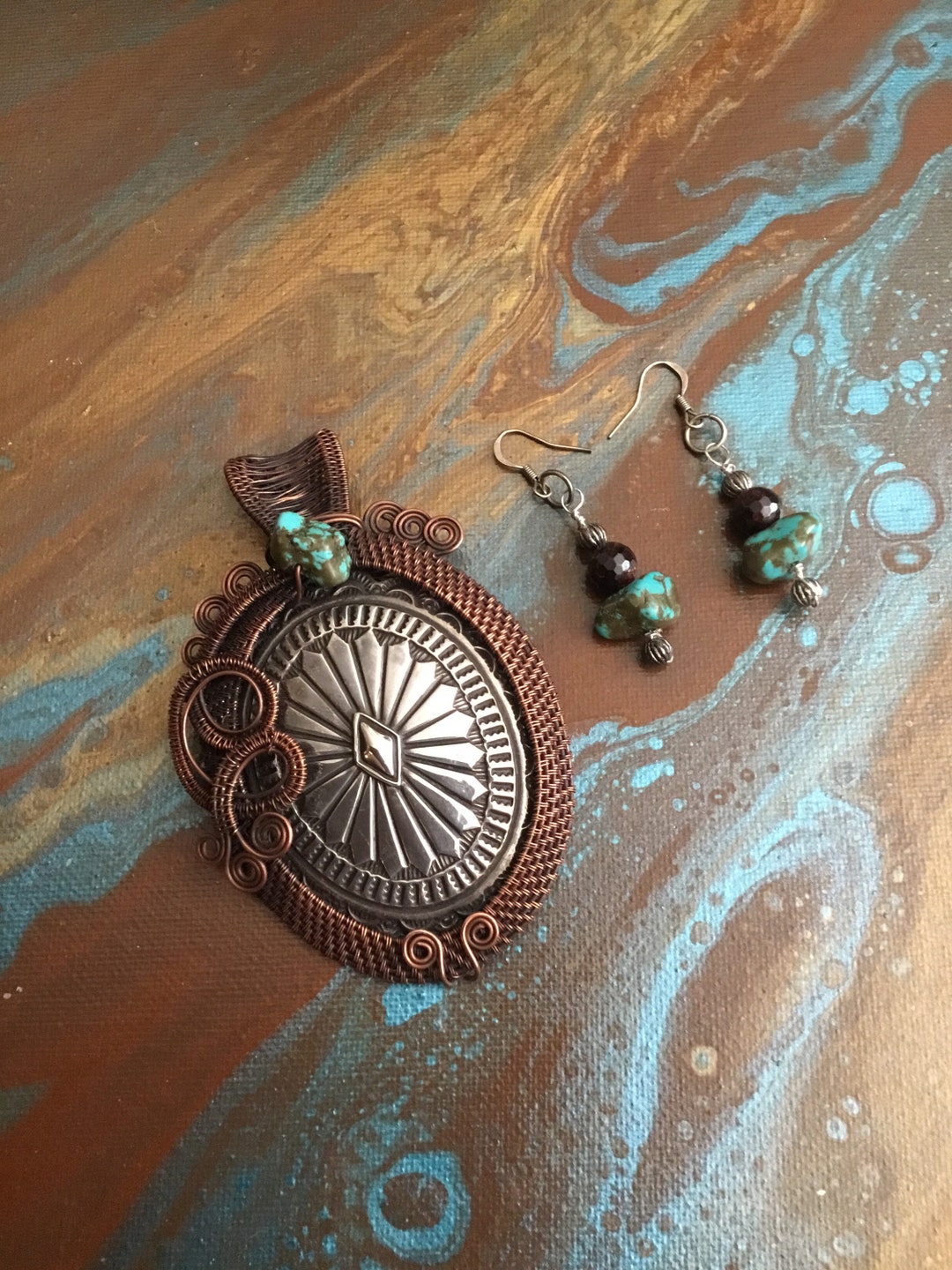 Sterling Silver Conch Copper Wire Weave and Turquoise Earrings - Etsy