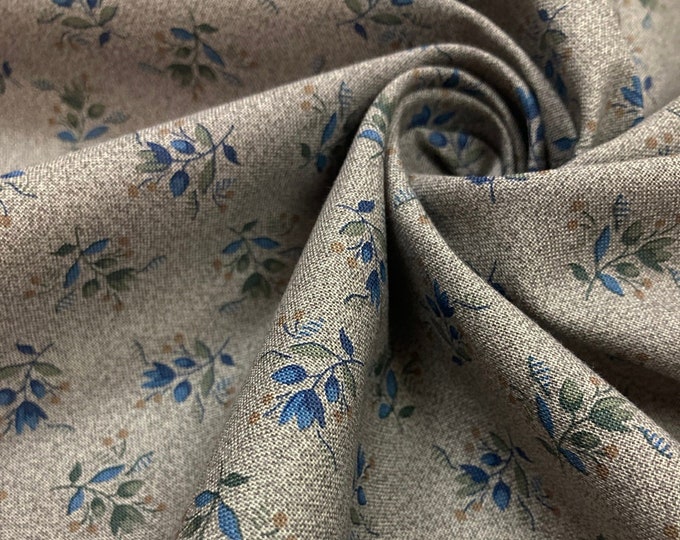 Cotton Reproduction Fabric - Blue Floral Sprigs on Patterned Grey ...