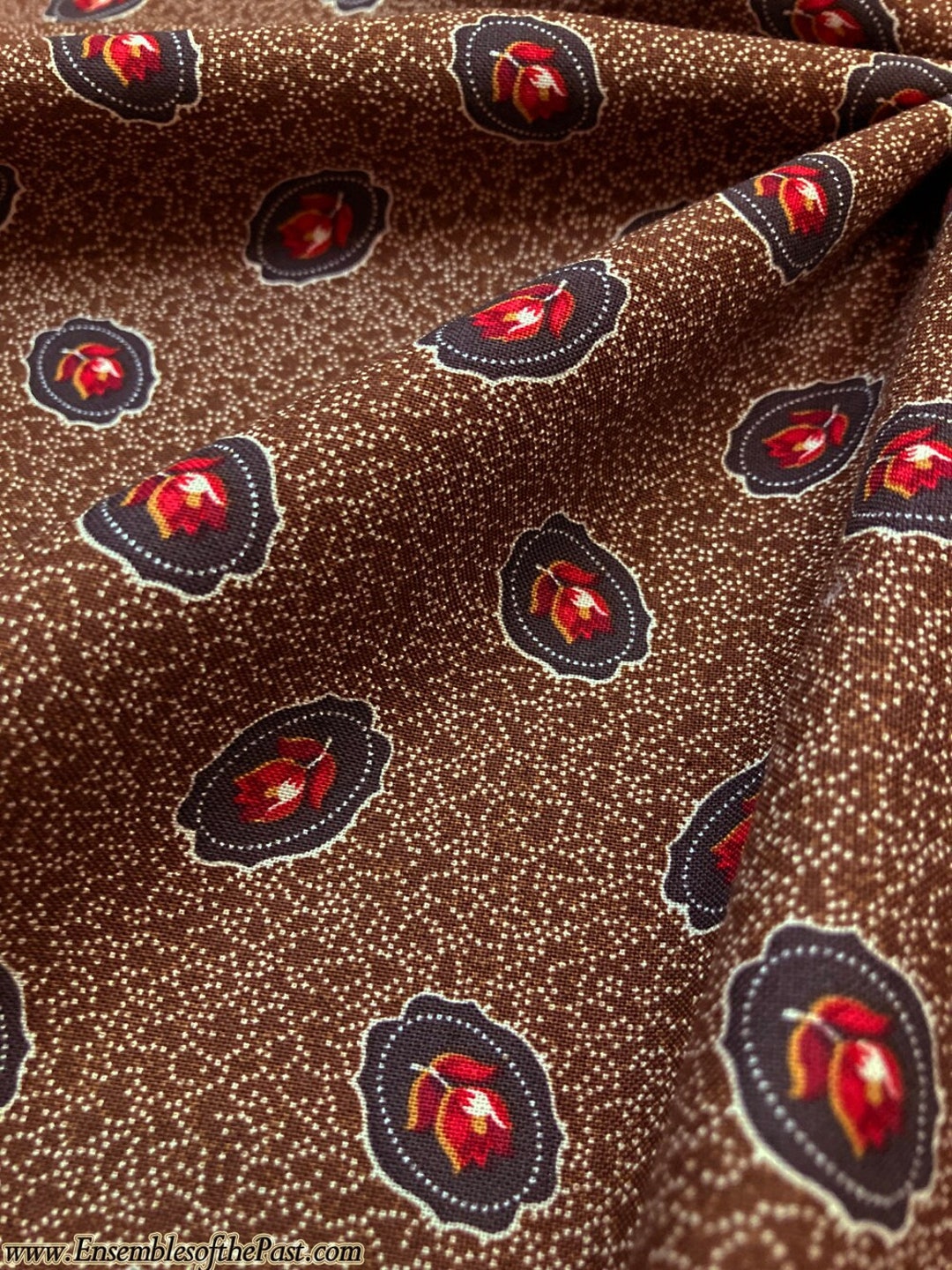 Cotton Reproduction Fabric - Bold Red Rose Oval Motifs on Brown ...