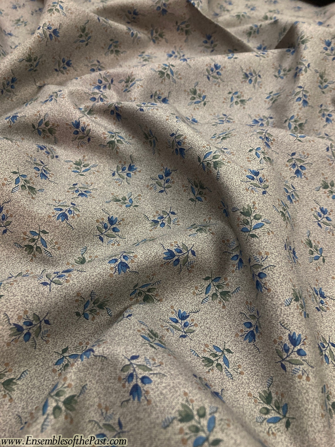 Cotton Reproduction Fabric - Blue Floral Sprigs on Patterned Grey ...