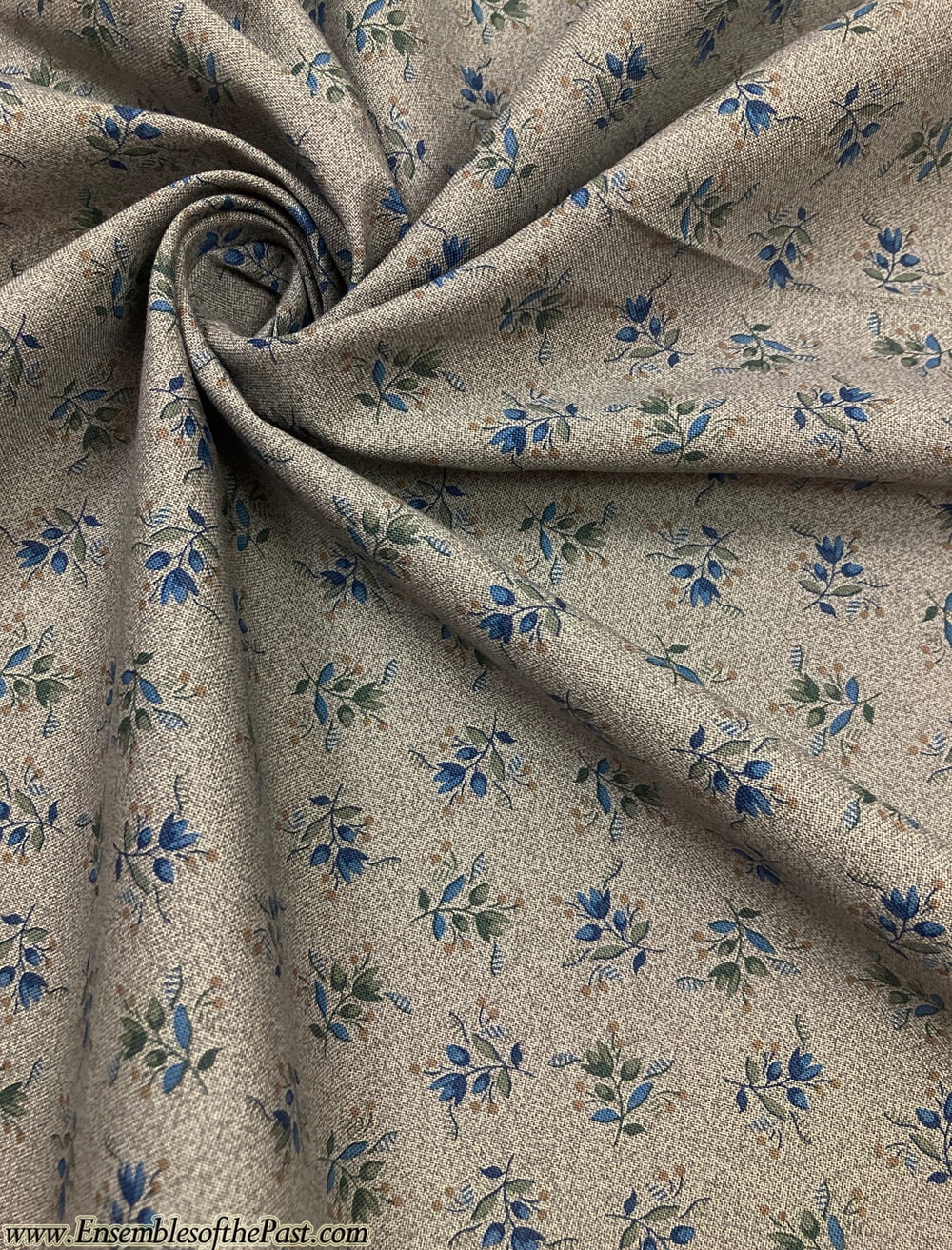 Cotton Reproduction Fabric - Blue Floral Sprigs on Patterned Grey ...