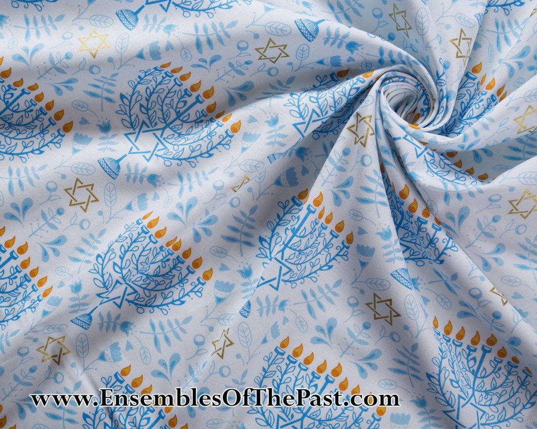 Hanukkah Cotton Fabric - Menorah Festival of Lights - White With Blue ...