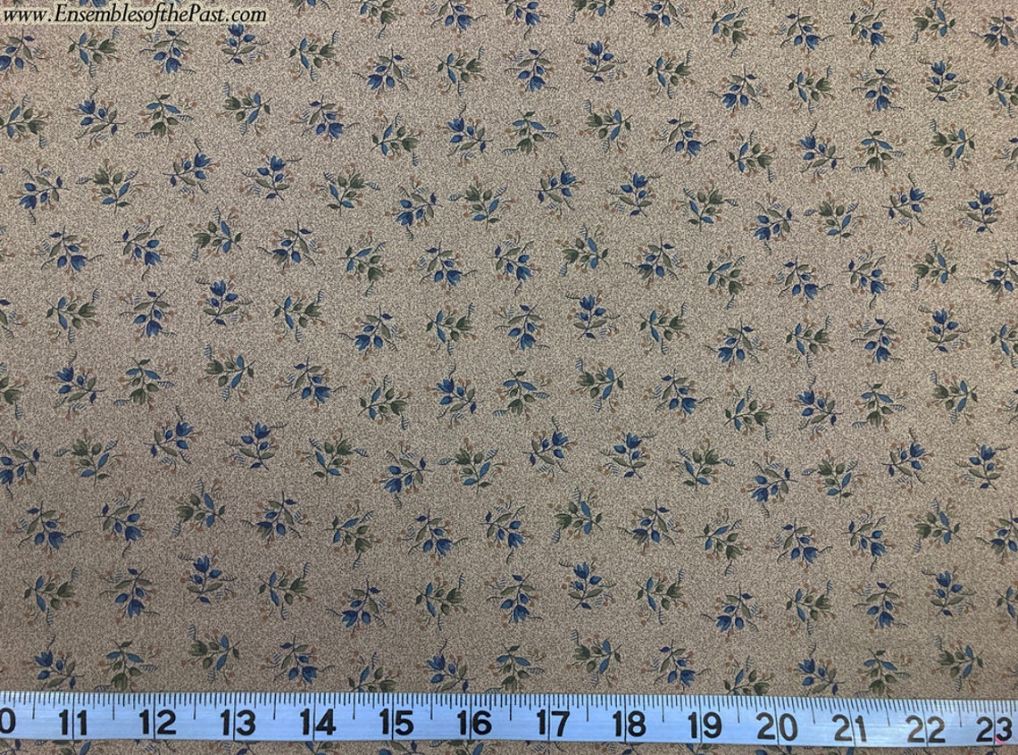 Cotton Reproduction Fabric - Blue Floral Sprigs on Patterned Grey ...