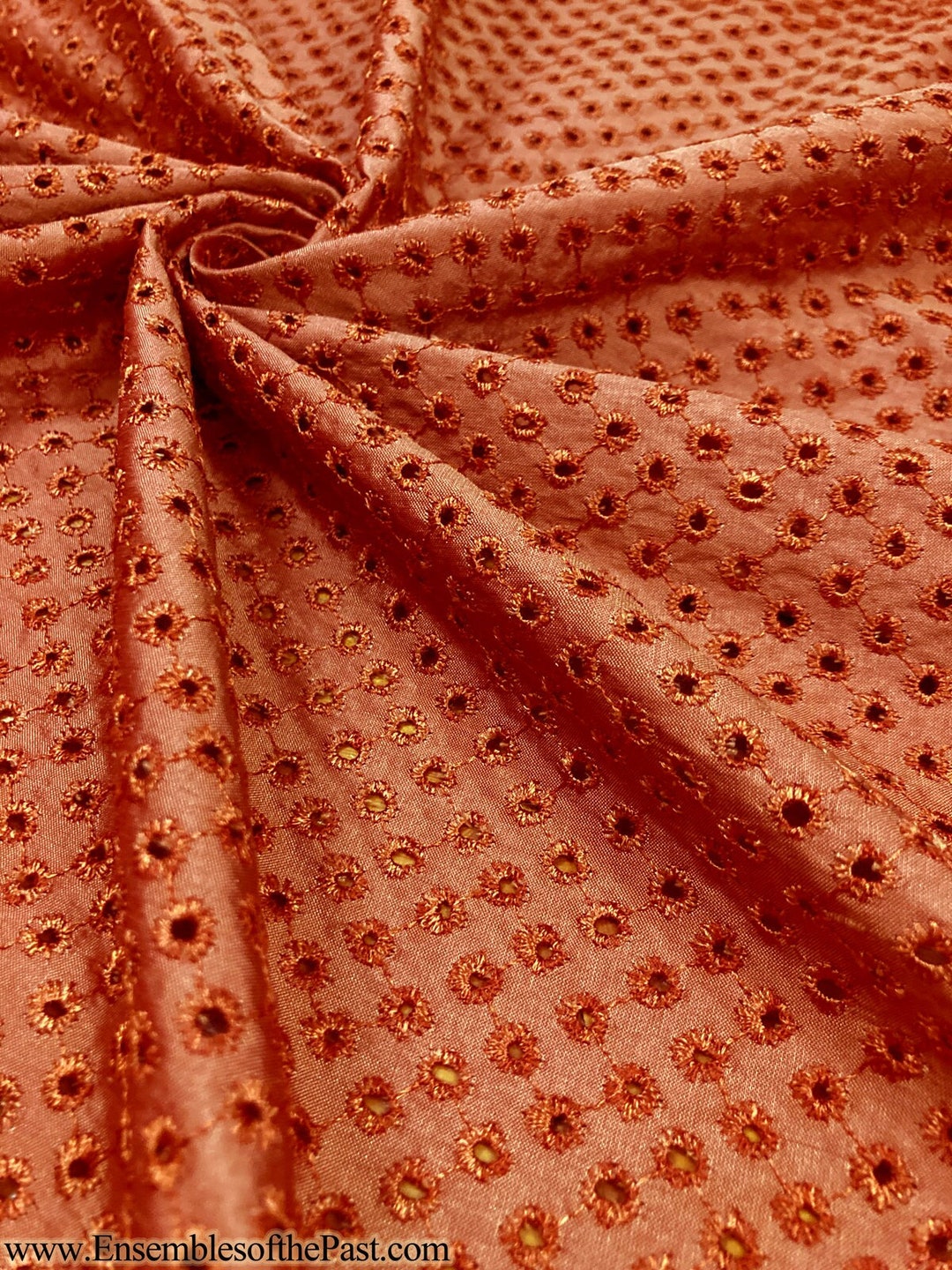 Eyelet Silk Fabric in Rust Red - Silk Shantung With Machined Eyelets ...