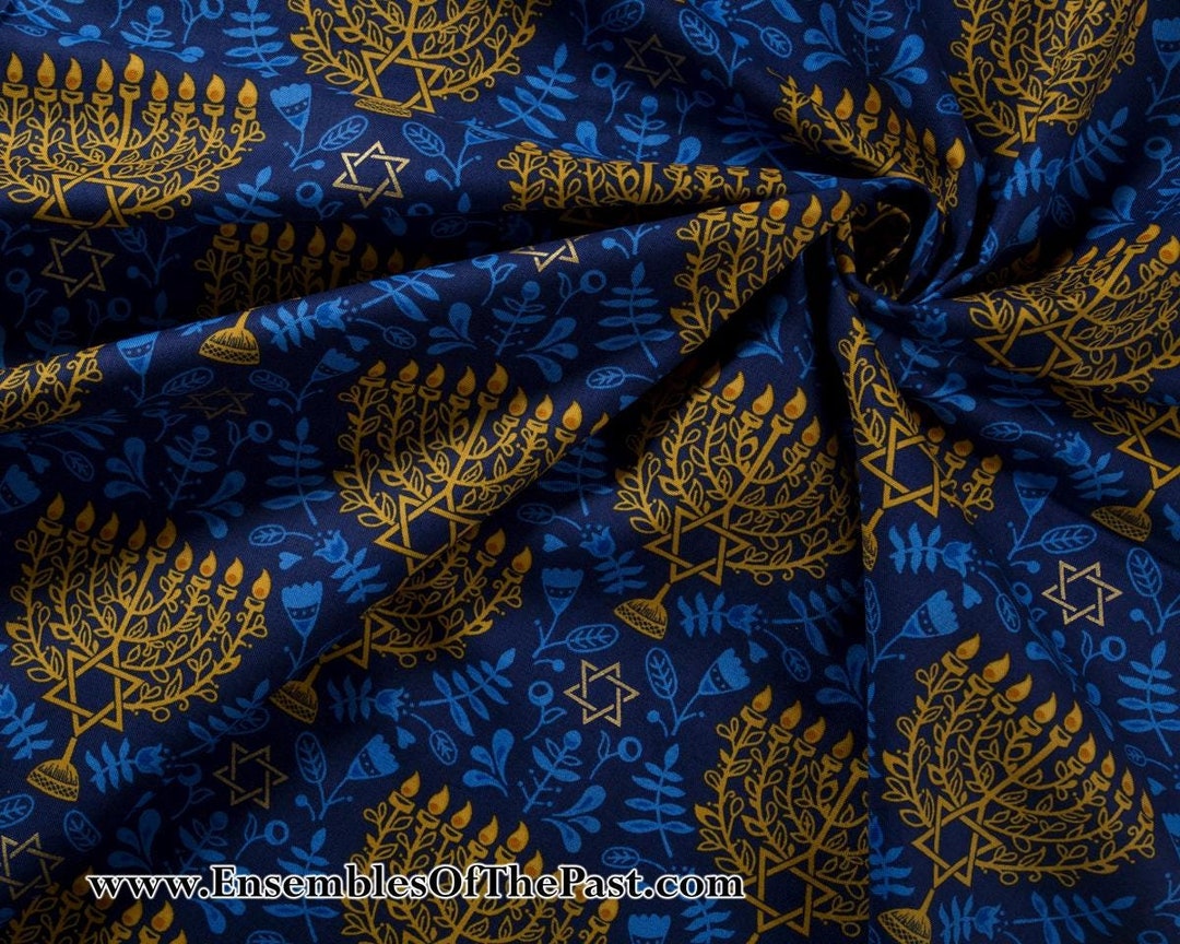 Hanukkah Cotton Fabric - Menorah Festival of Lights - Dark Blue With ...