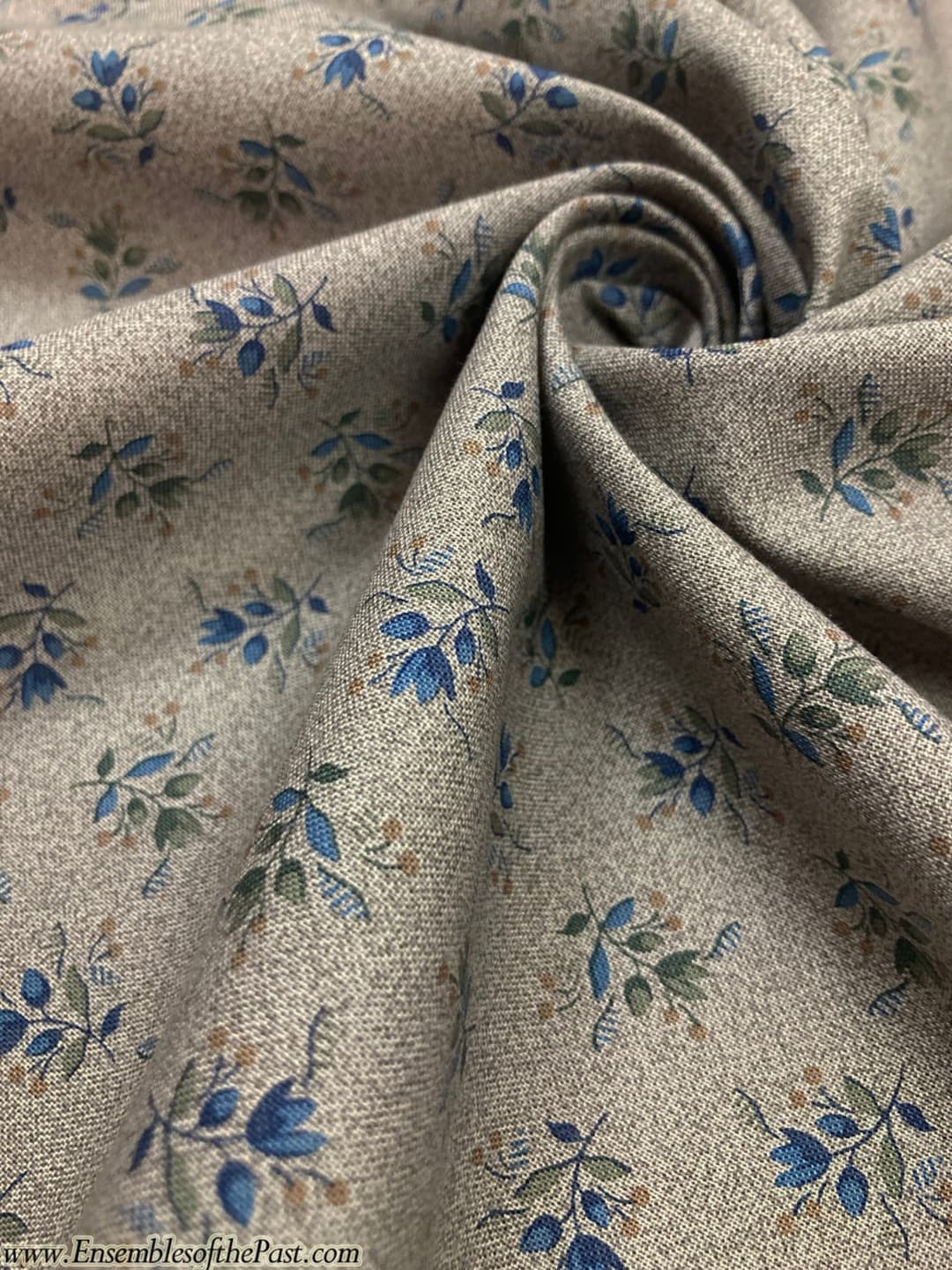 Cotton Reproduction Fabric - Blue Floral Sprigs on Patterned Grey ...