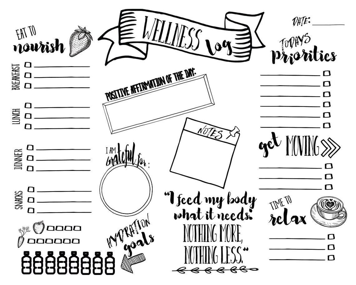 Wellness Log Health Tracker Food Journal Printable Planner With ...