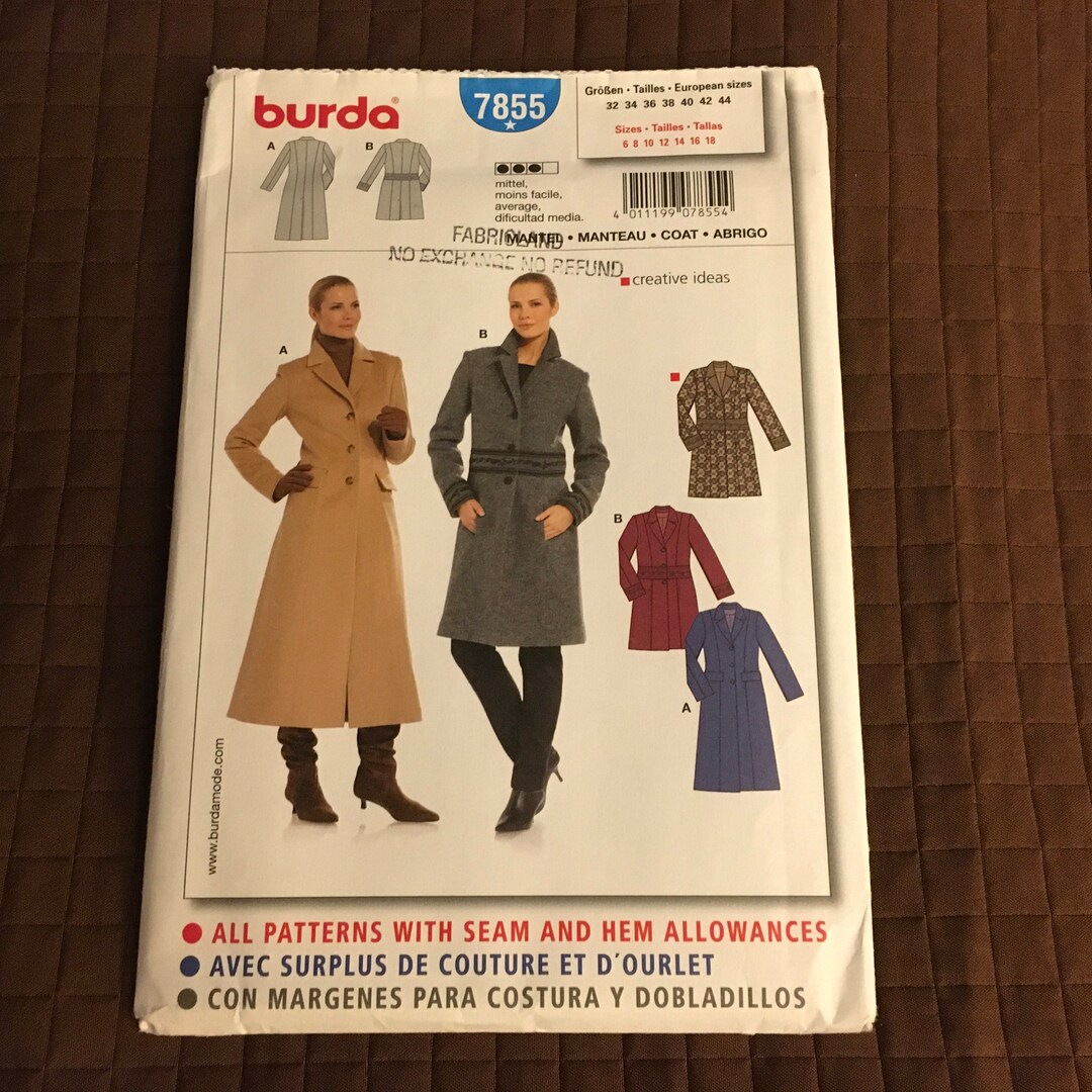 Burda 7855 Sewing Pattern Misses Coat Jacket Lapel Section Seams Back ...