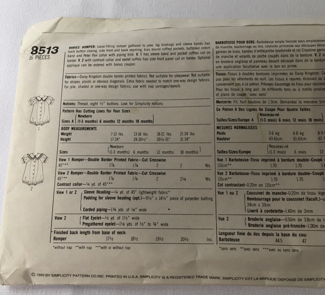 Simplicity 8513 Daisy Kingdom Sewing Pattern Babies Romper | Etsy