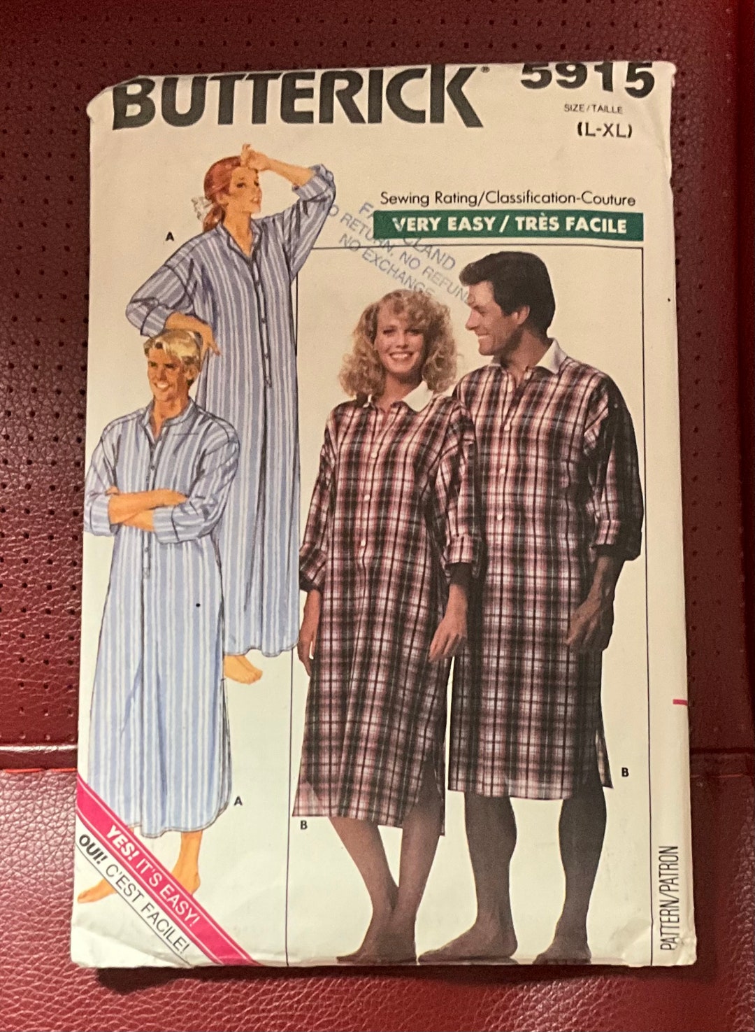 Butterick 5915 Sewing Pattern Unisex Misses Men’s Nightshirt Very Loose ...