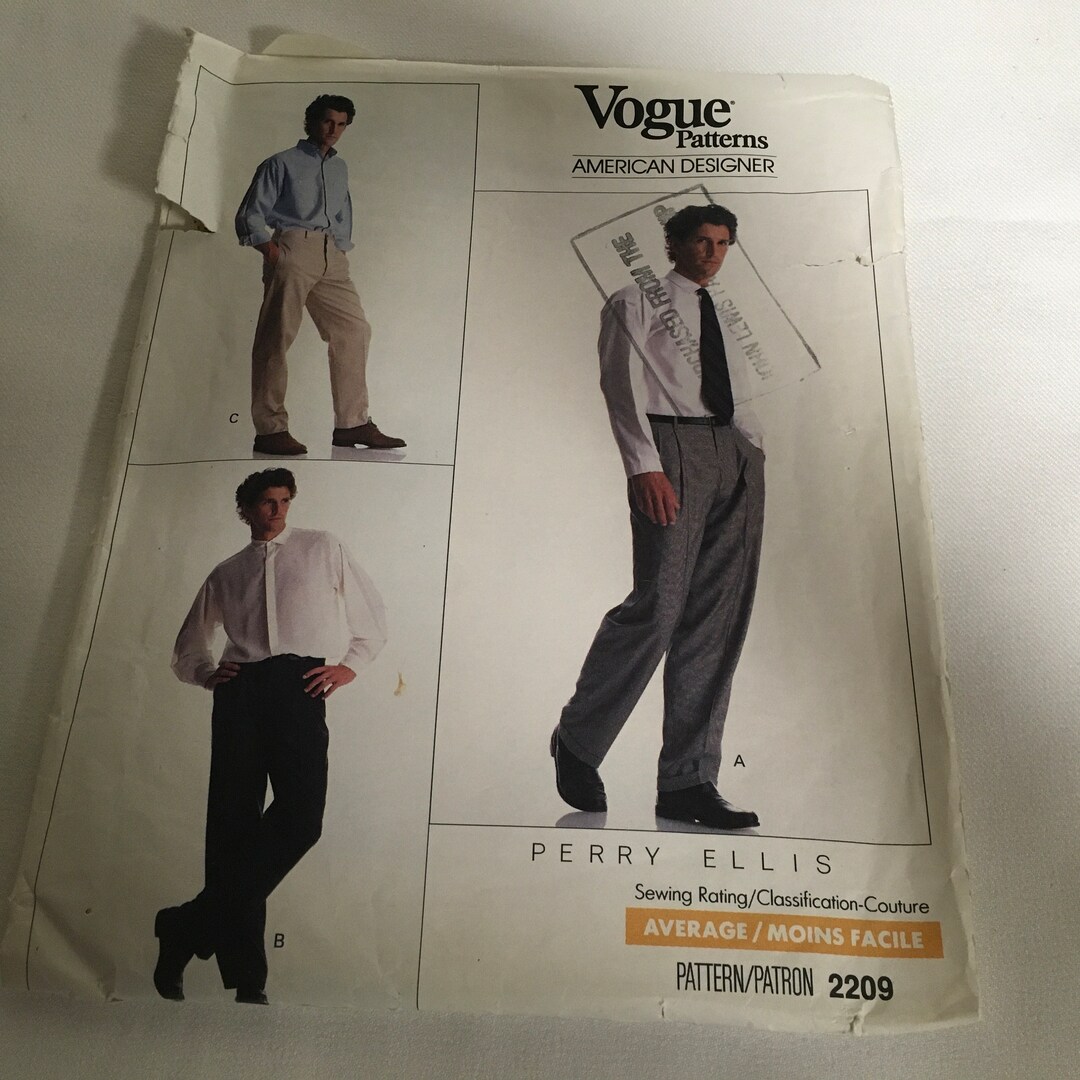 Vogue 2209 Perry Ellis Sewing Pattern Men’s Pants Button Waistband ...