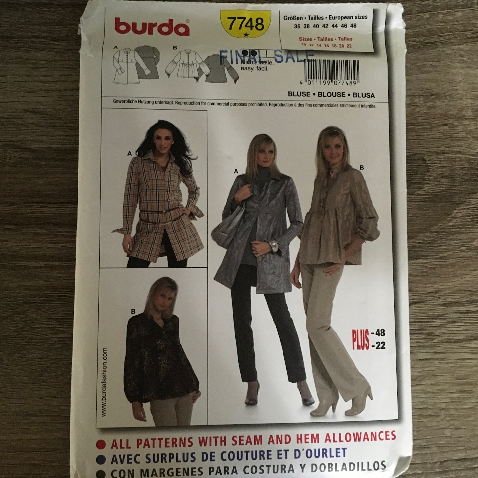 Burda 7748 Sewing Pattern Swing Blouse Swing Coat Swing Jacket | Etsy