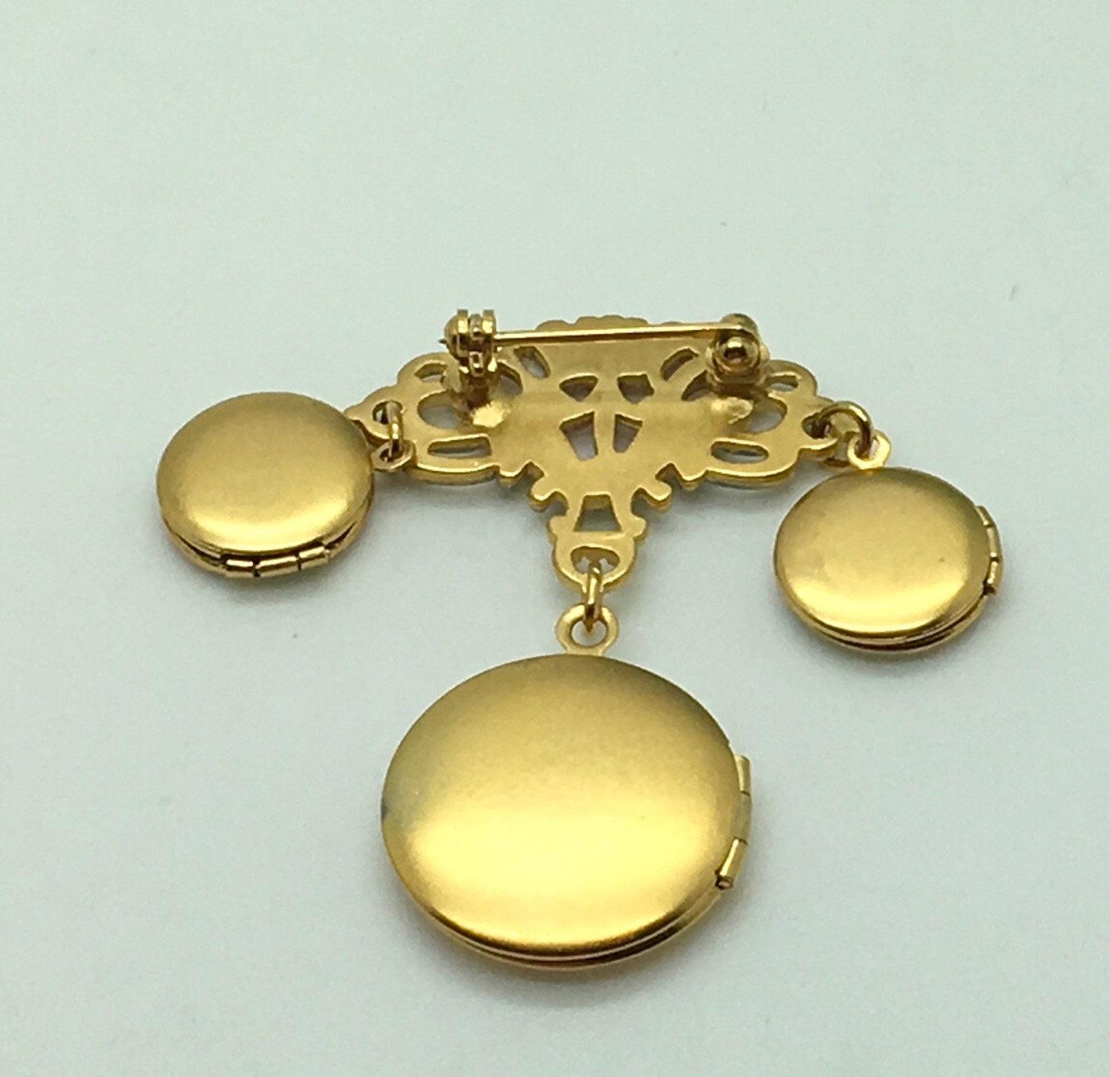 Victorian Revival Dangling Triple Picture Locket Brooch Pin Gold Tone ...