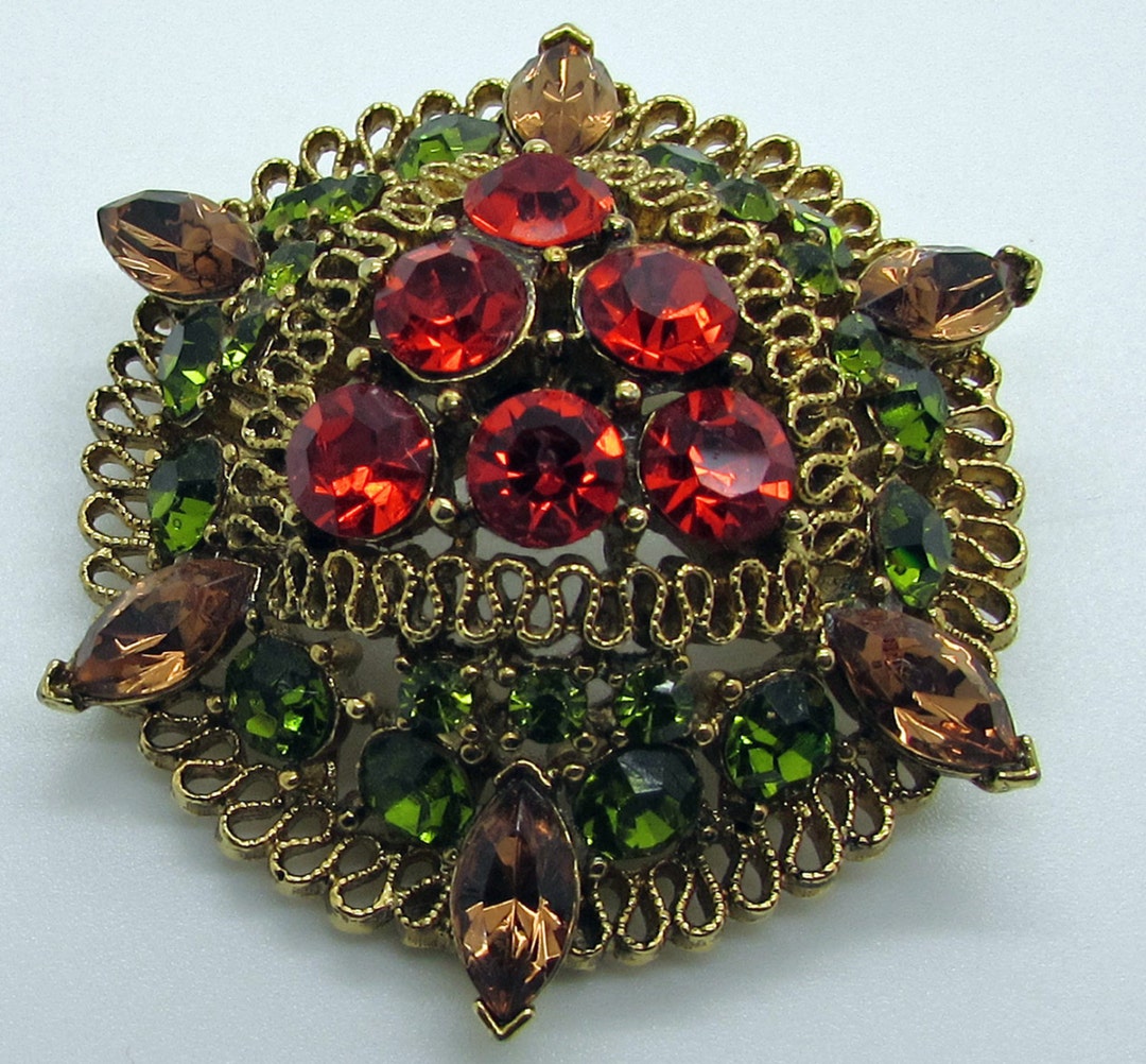 Lisner Brooch Pin Red Green Amber Color Sparkling Rhinestones - Etsy