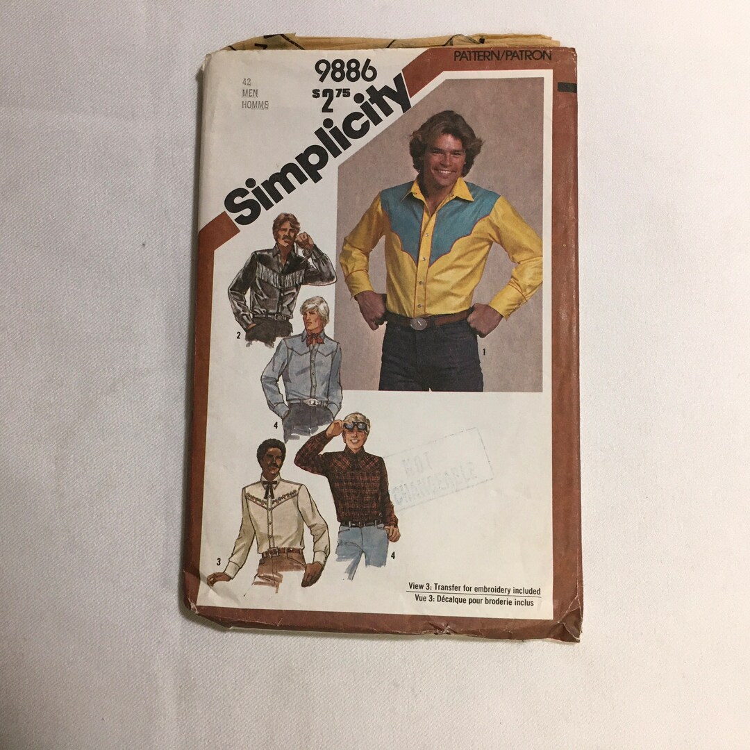 Simplicity 9886 Sewing Pattern Men‘s Western Shirt Scarf Tie Top Stitched Shirt Button Snap ...