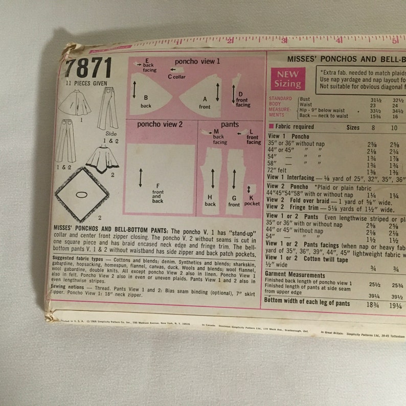 Simplicity 7871 Sewing Pattern Misses Ponchos Bell-bottom - Etsy