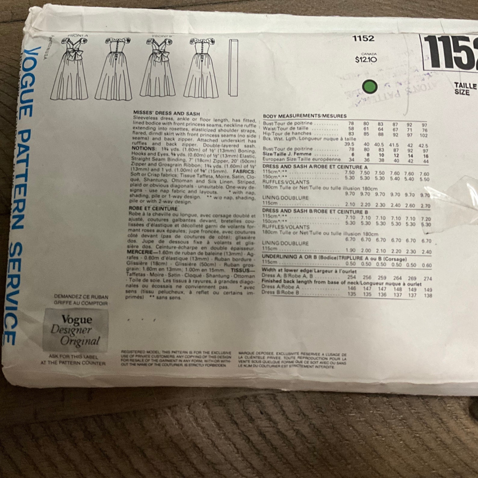 Vogue Bellville Sassoon Sewing Pattern 1152 Misses Dress Stash ...