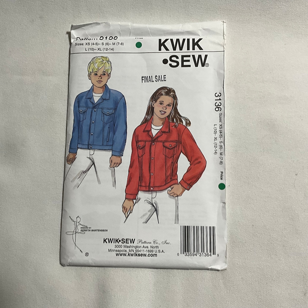 Kwik Sew 3136 Sewing Pattern Girls Boys Child Jeans Denim Jacket Front Button Closure Front Back ...