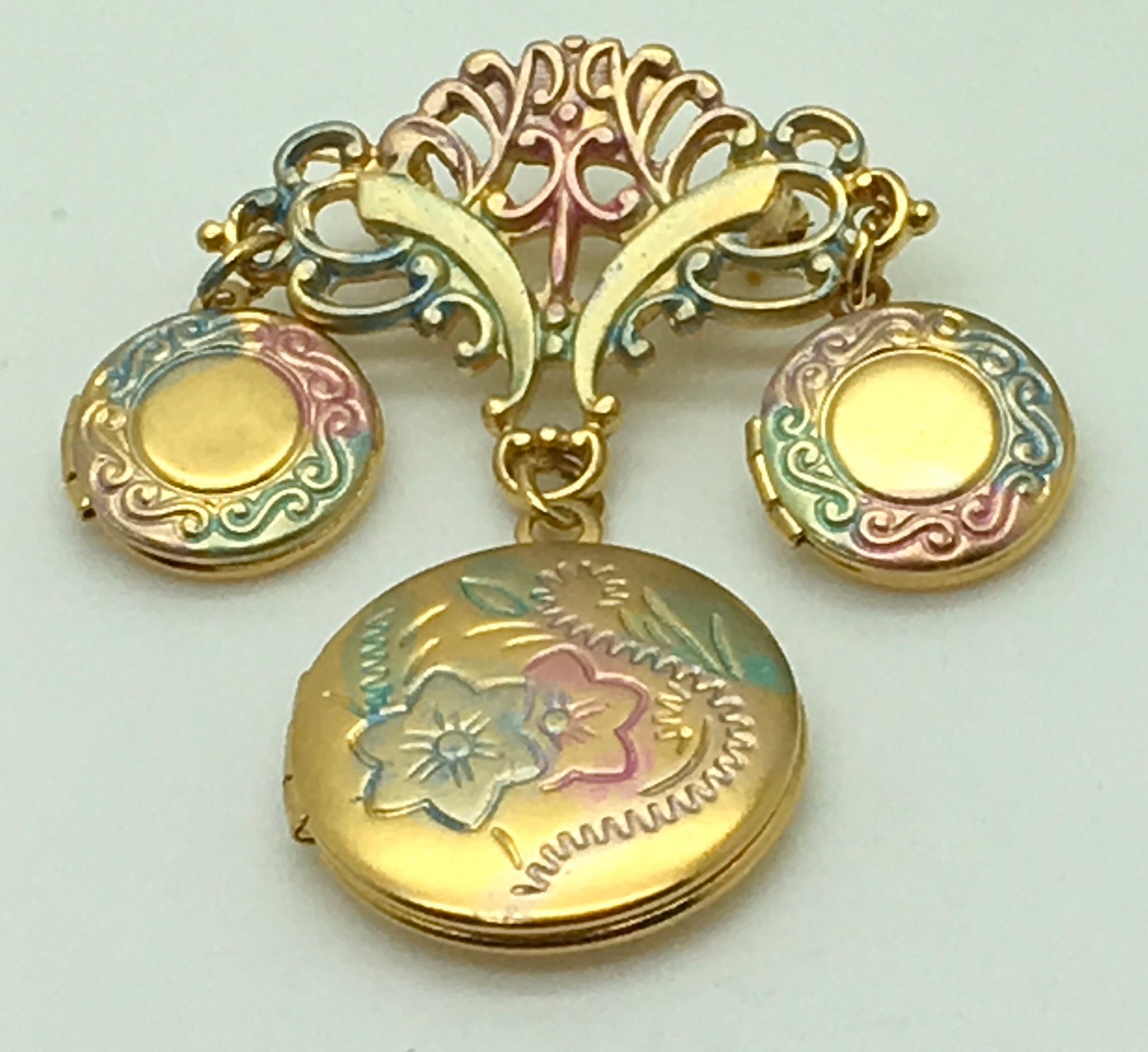 Victorian Revival Dangling Triple Picture Locket Brooch Pin Gold Tone ...