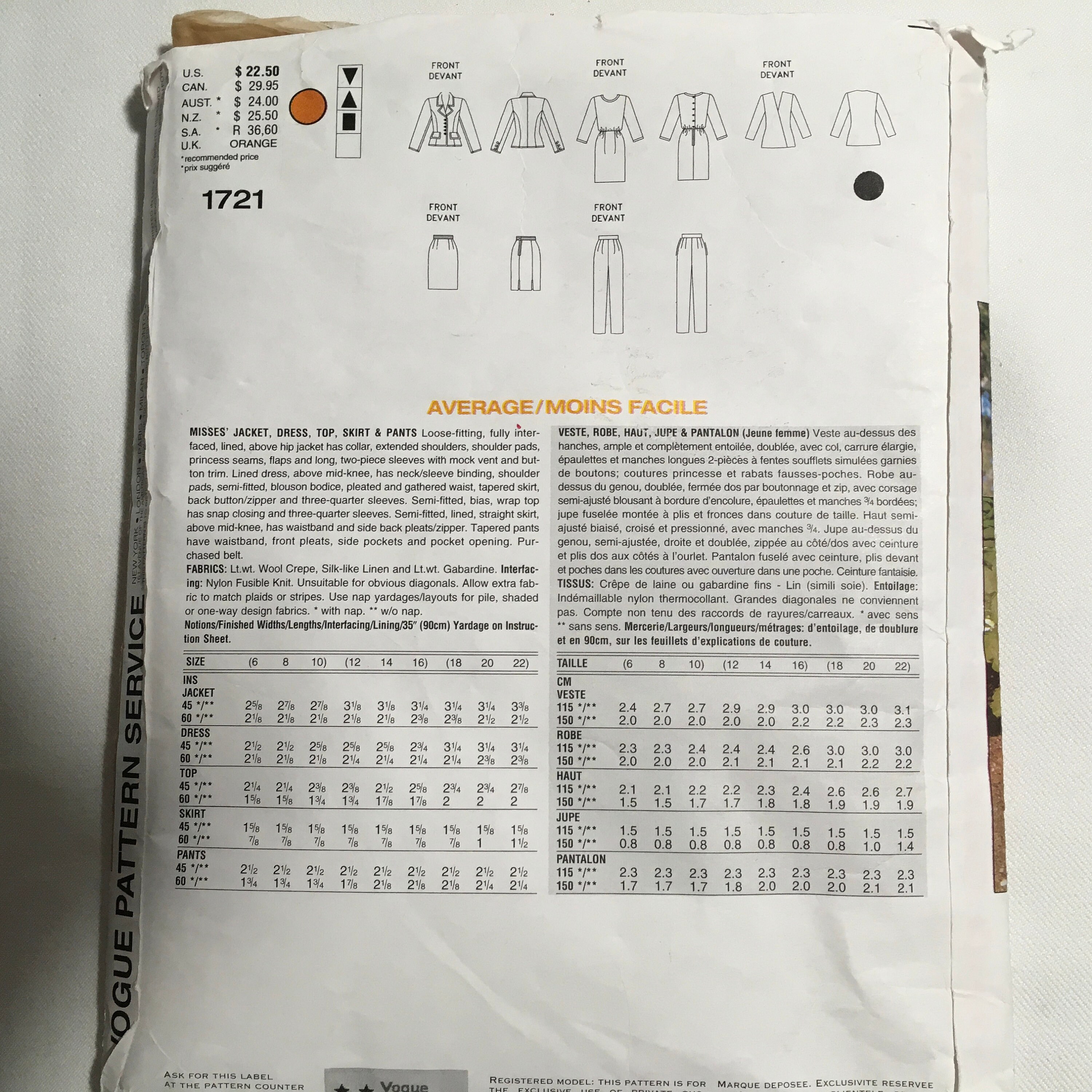Vogue 1721 Sewing Pattern Oscar De La Renta Misses Jacket - Etsy