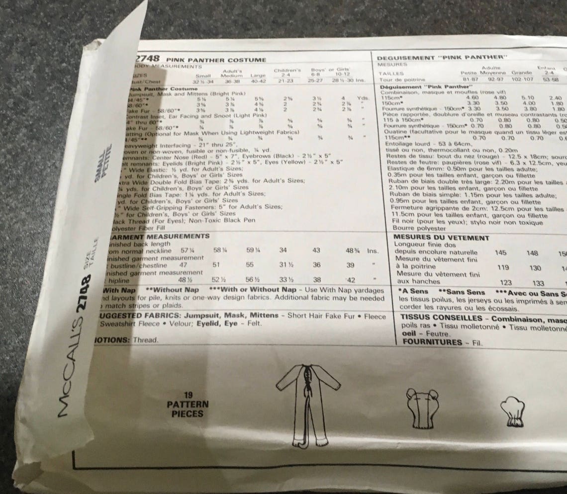 Mccall's Crafts 2748 the Pink Panther Sewing Pattern Adult | Etsy