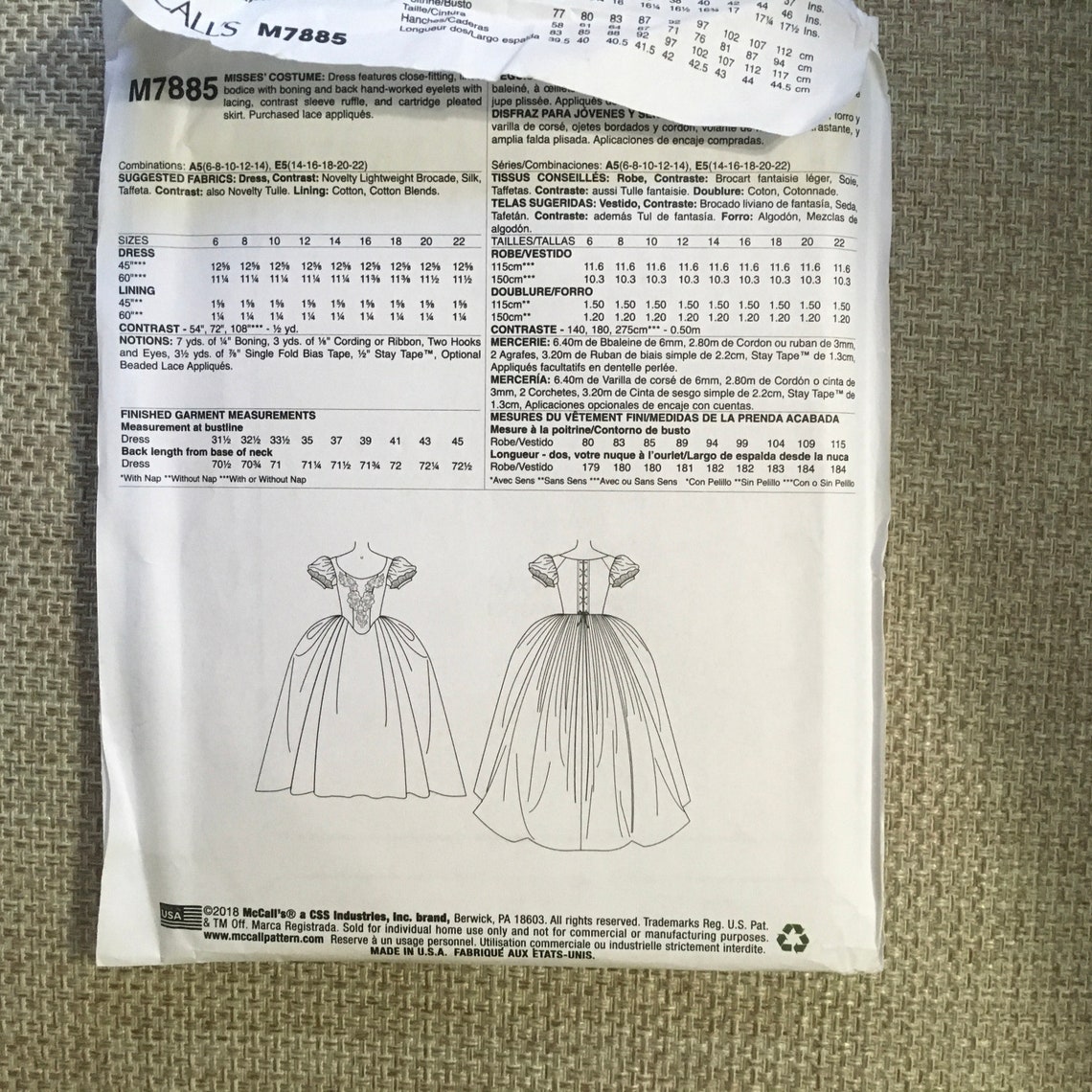 Mccalls Costumes M7885 Sewing Pattern Baroque French - Etsy