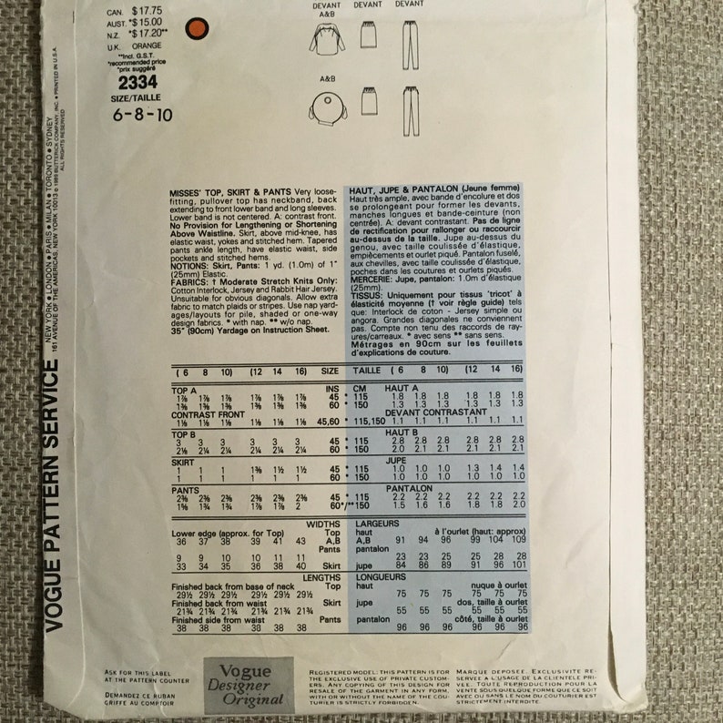 Vogue 2334 Sewing Pattern Issey Miyake Misses Top Skirt Pants - Etsy