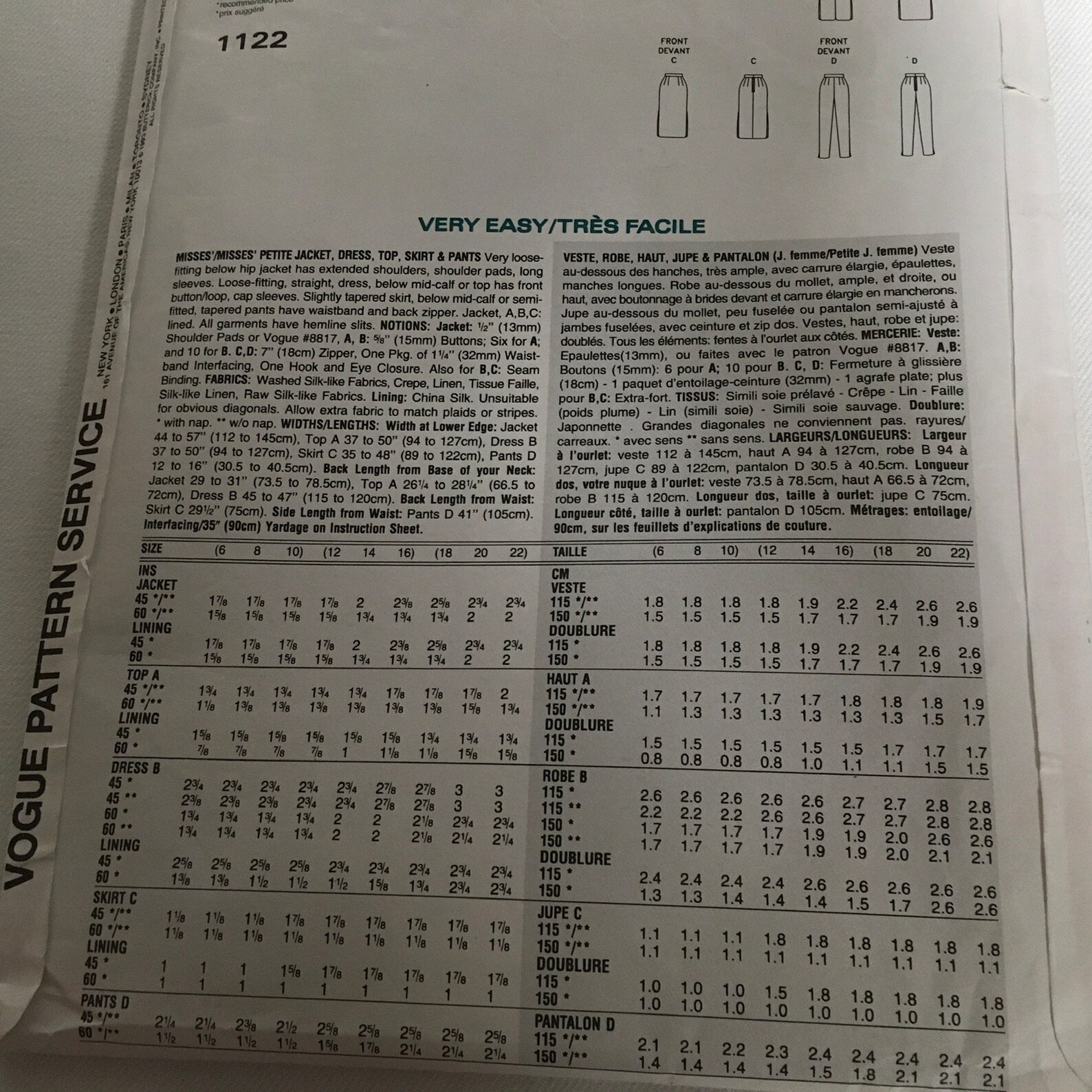 Vogue 1122 Sewing Pattern Misses Petite Jacket Dress Top Skirt Pants ...