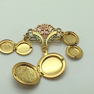 Victorian Revival Dangling Triple Picture Locket Brooch Pin Gold Tone ...