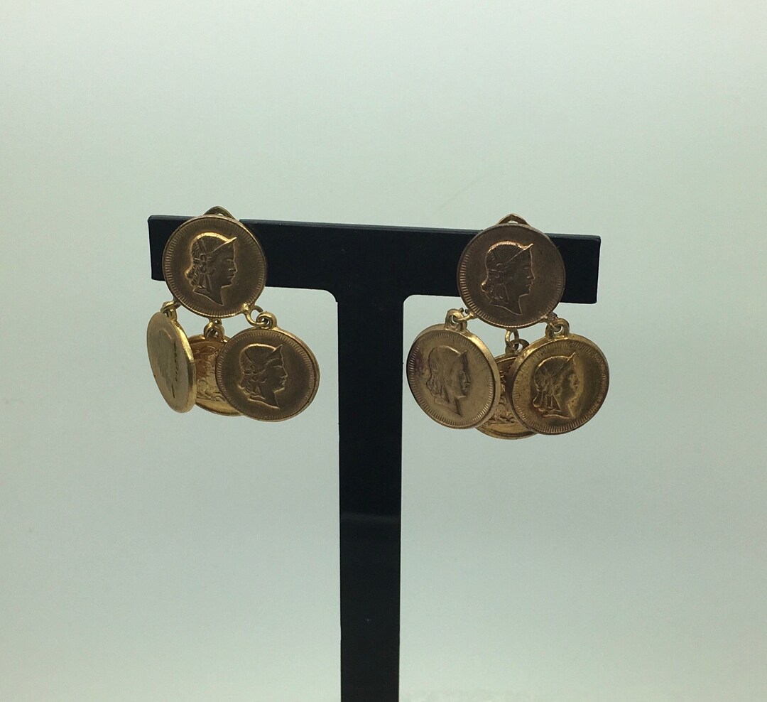 Vintage Faux Coins Dangle Earrings Clip on St George and the Dragon ...