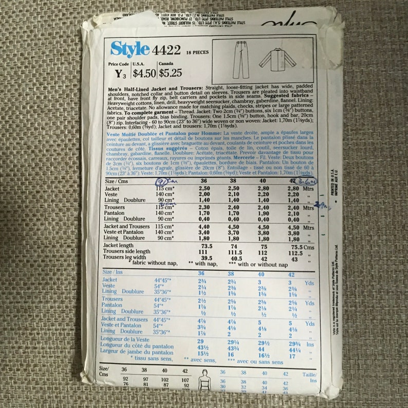 Style 4422 Sewing Pattern Mens Half Lined Jacket Trousers - Etsy