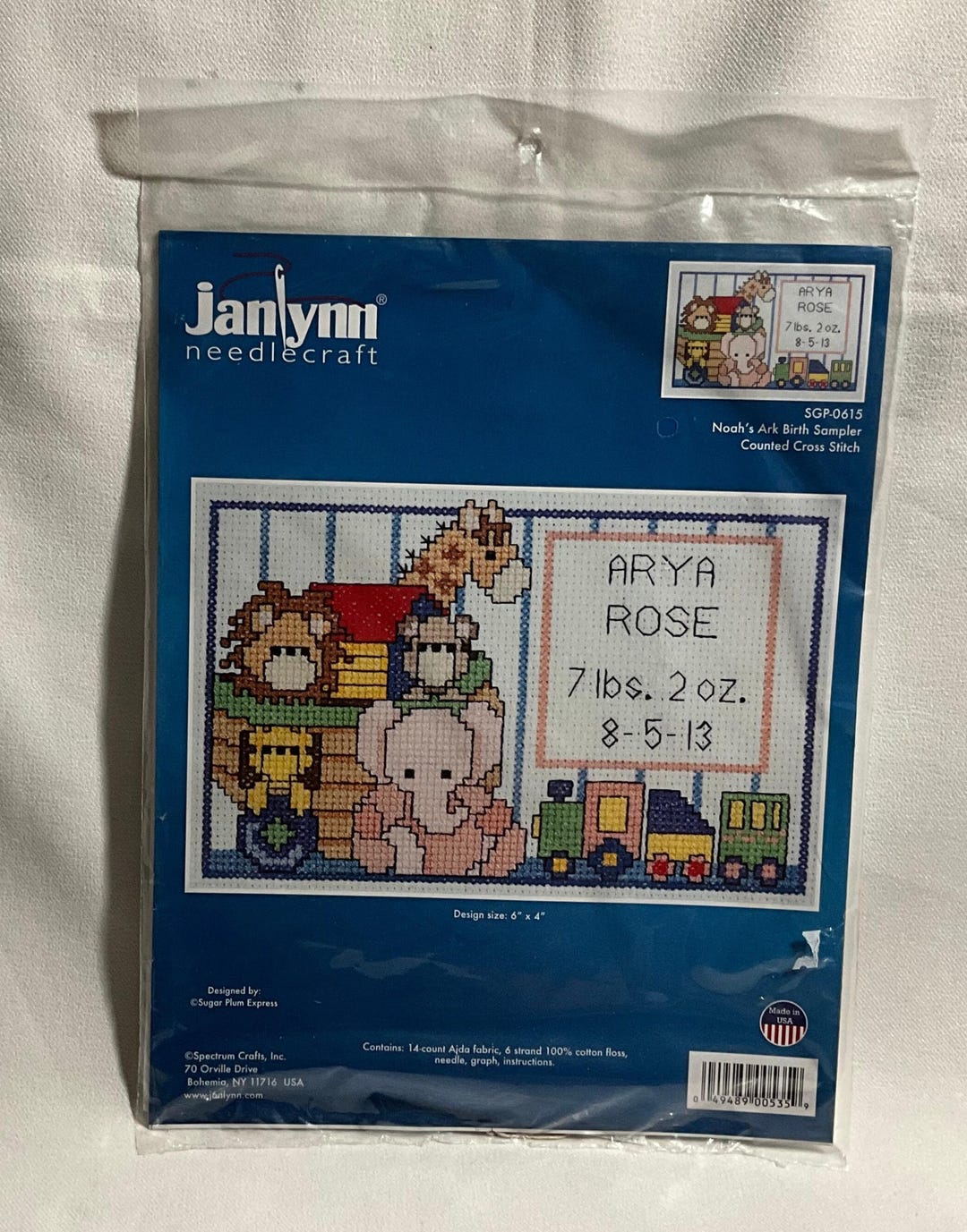 Janlynn Needlecraft Kit Counted Cross Stitch Noah’s Ark Birth Sampler ...