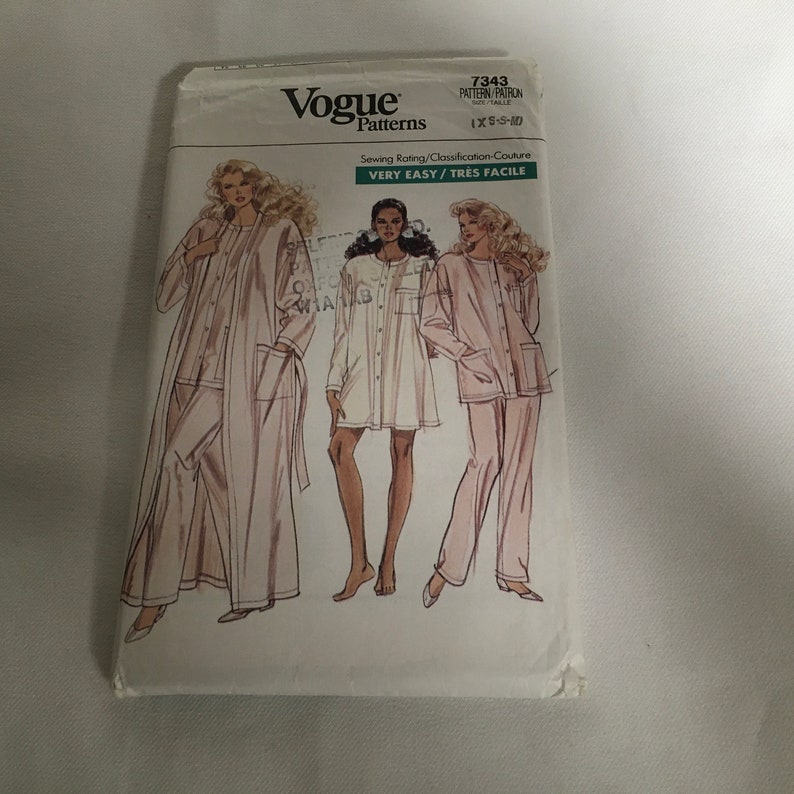 Vogue 7343 Sewing Pattern Misses Top Pants Nightshirt Robe Very Loose ...