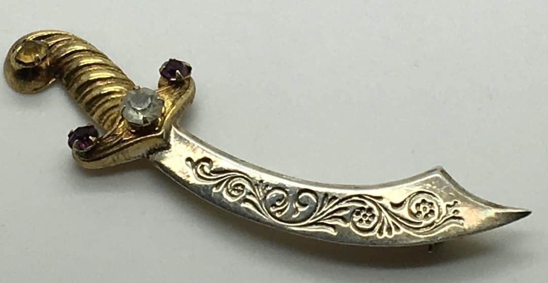 Scimitar Sword Dagger Sterling Silver Brooch Pin Gold Plated Handle ...