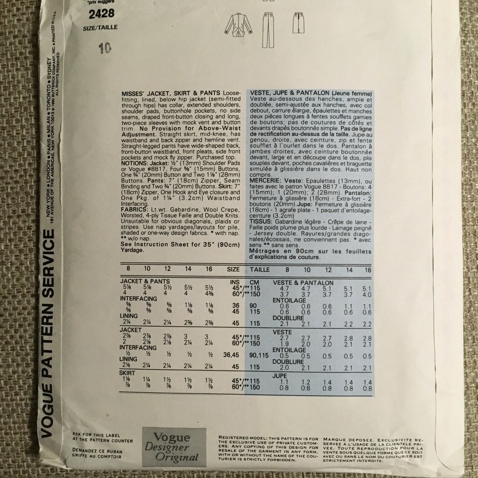 Vogue 2428 Sewing Pattern Issey Miyake Misses Jacket Skirt Pants Loose ...