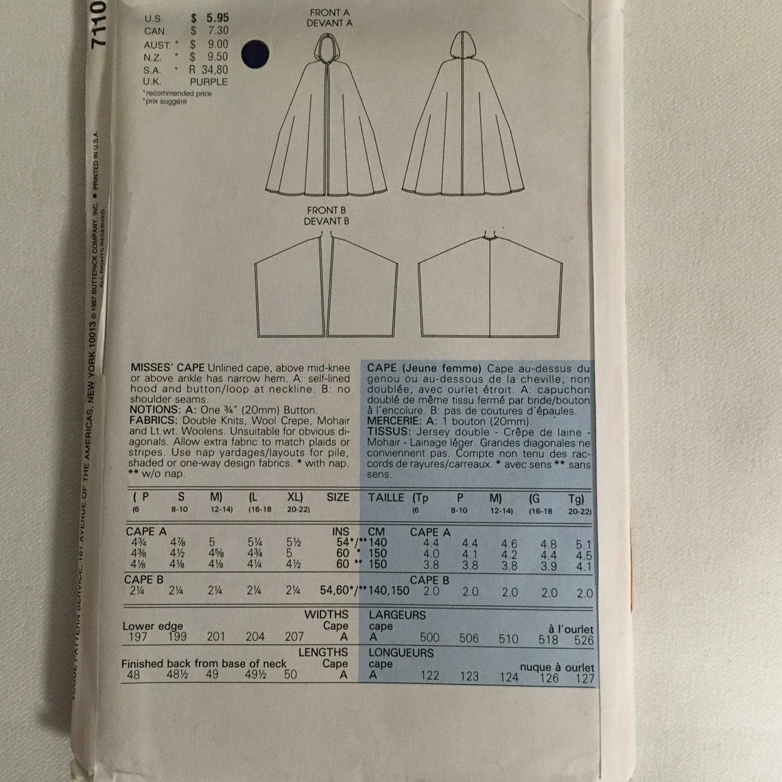 Vogue 7110 Sewing Pattern Cape Unlined Cape Cloak Ruanda Above | Etsy