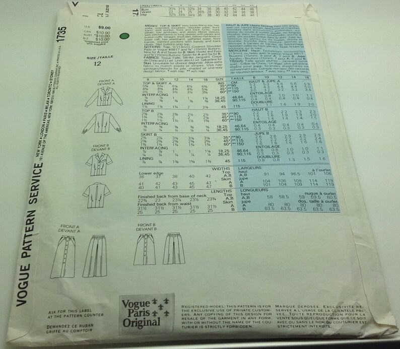 Vogue Chloe Sewing Pattern 1735 Top and Skirt Very Loose - Etsy